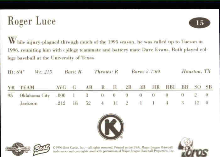 1996 Tucson Toros Best #15 Roger Luce Houston Texas TX Baseball Card | eBay