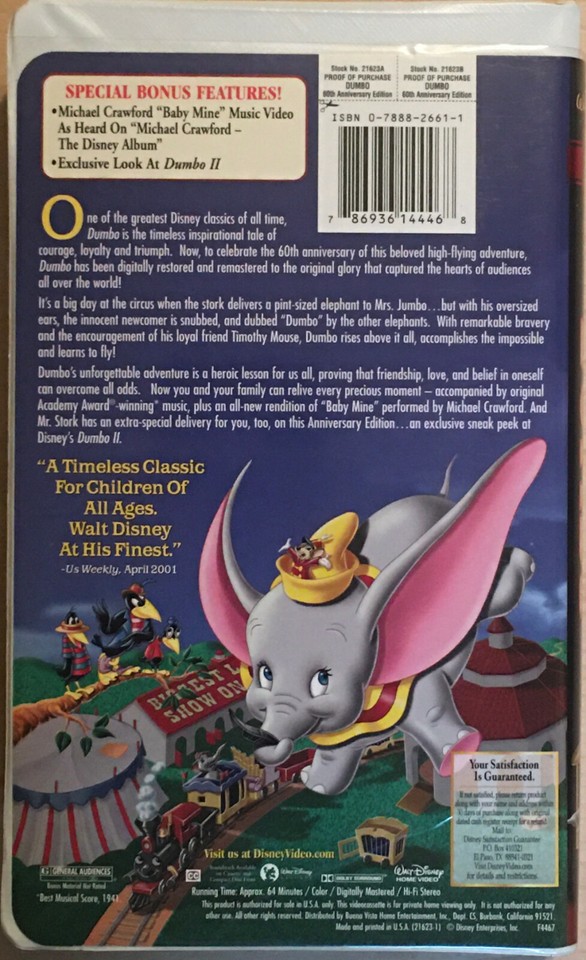 Walt Disney's Dumbo 60th Anniversary Edition 2001 VHS Movie Stock ...