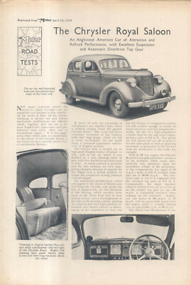 Chrysler Royal Saloon original Period Motor Road Test Reprint 1938 ...