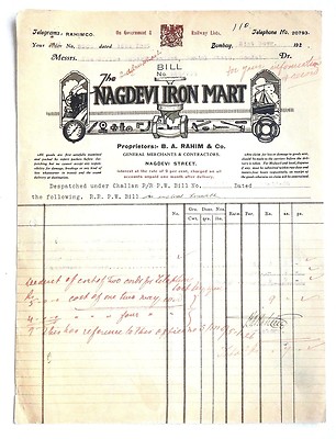India Nagdevi Iron Mart Bombay 1926 full back illustrated billhead | eBay