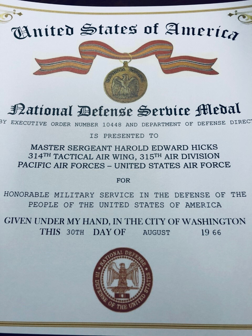 NATIONAL DEFENSE SERVICE MEDAL CERTIFICATE ~ With Free Printing (Any ...