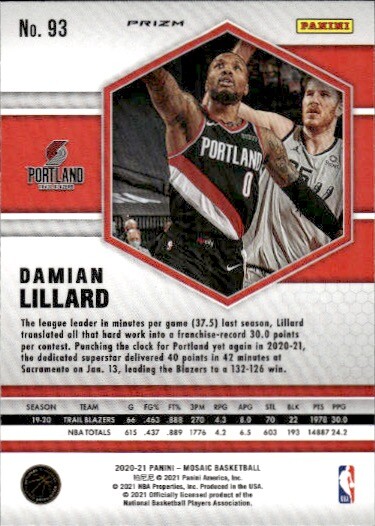2020-21 Panini Mosaic #93 Damian Lillard Mosaic Red Wave Portland Trail ...
