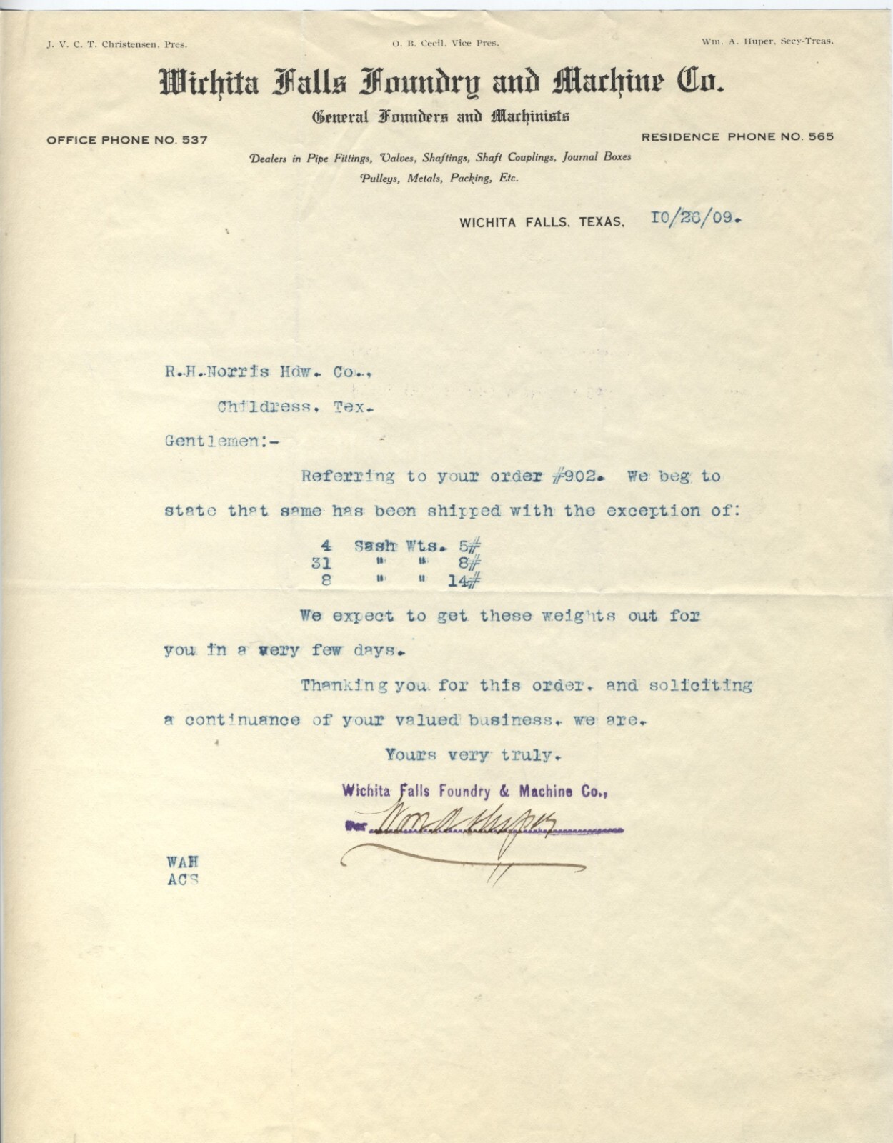 1909 WICHITA FALLS TEXAS LETTERHEAD WICHITA FALLS FOUNDRY AND MACHINE ...