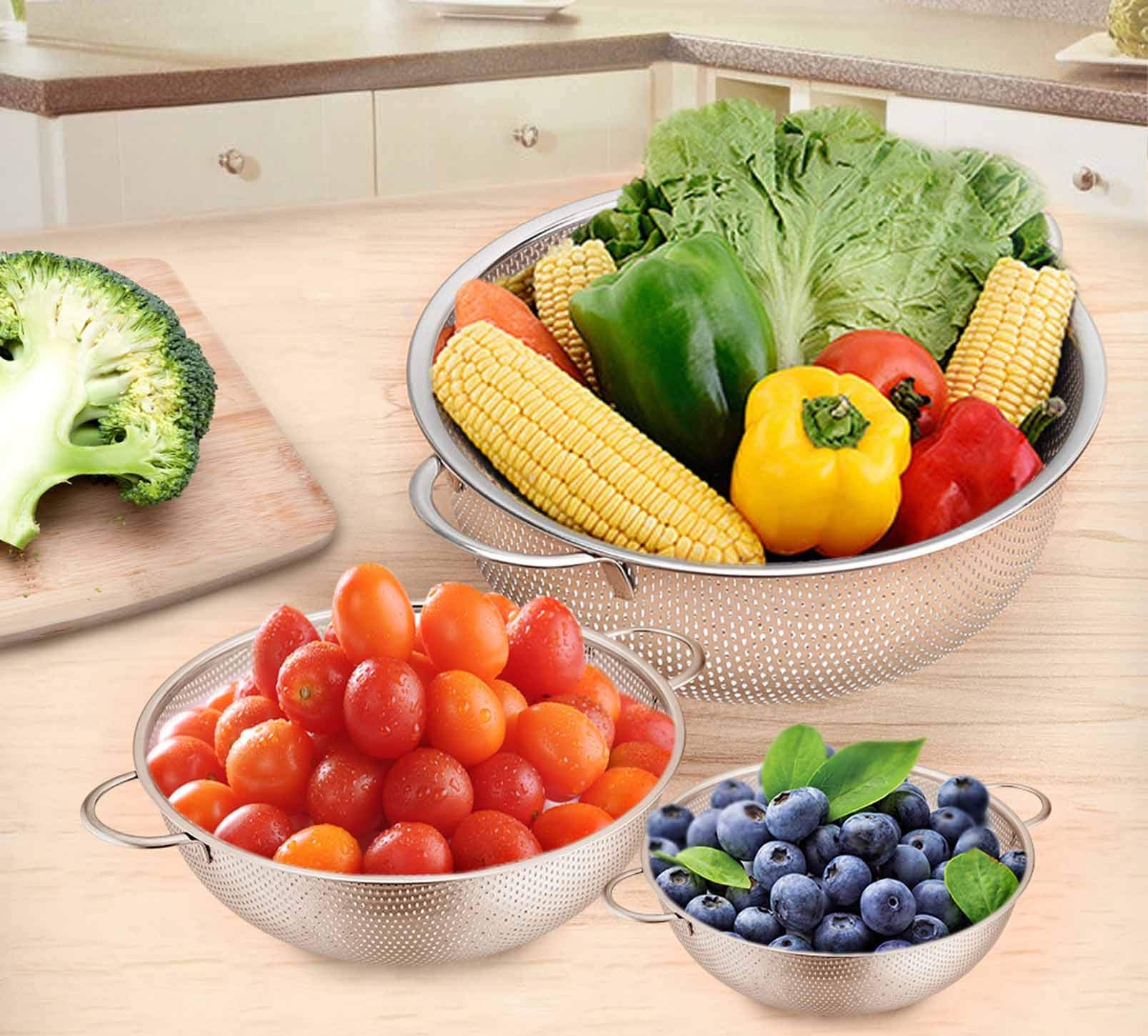 Colander Set of 3, Stainless Steel Perforated Metal Colander Strainer ...