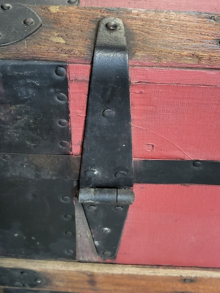 Antique Rolling Victorian Flat Top Steamer Trunk Chest Metal Hardware ...