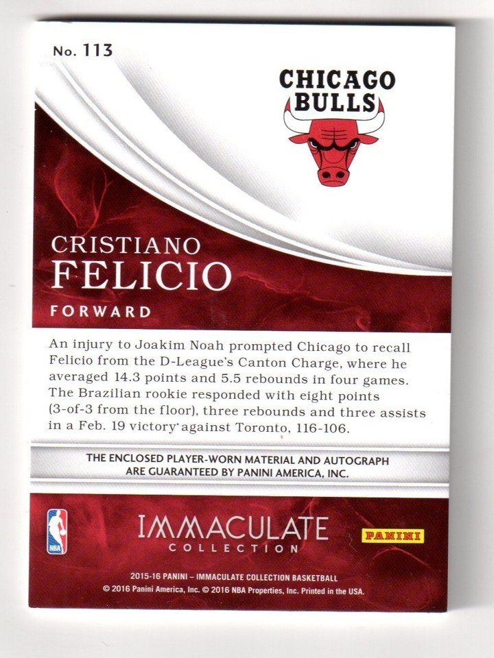 2015-16 CHISTIANO FELICIO Immaculate Rookie Auto Patch #33/99 | eBay