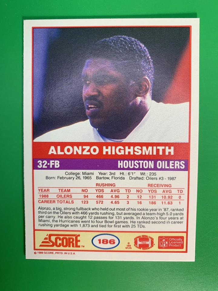 1989 Score Alonzo Highsmith #186 Houston Oilers | eBay