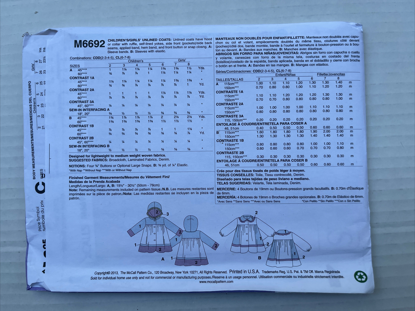 McCall’s 6692 M6692 Sewing Girls Raincoat Sewing Pattern - Size 6-7-8 ...