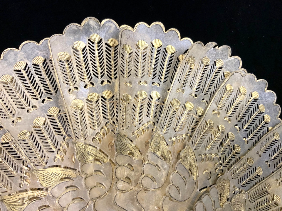 Antique Lady’s Fan Pierced Vellum Gold “Monture” Gilded Gold Dutch ...