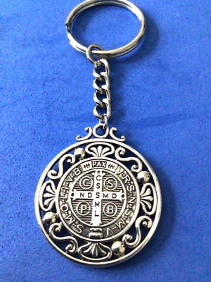 Saint St BENEDICT Keychain Key Ring Protection Silver Tone Ornate 4-1 ...