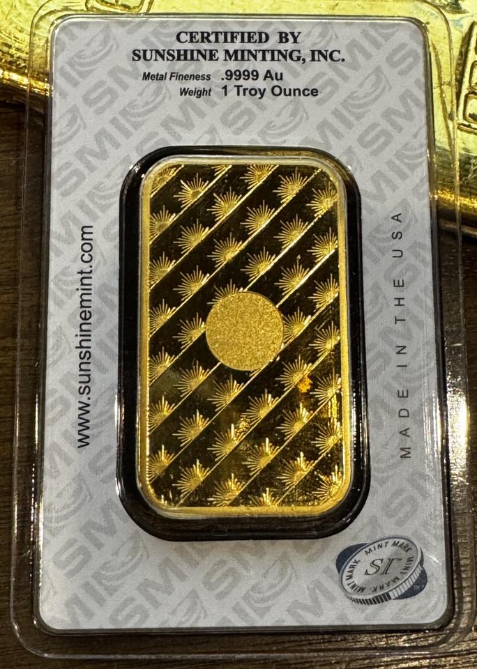 1 Troy oz Sunshine Mint Gold Bar .9999 Fine Sealed In Assay Mint Mark ...