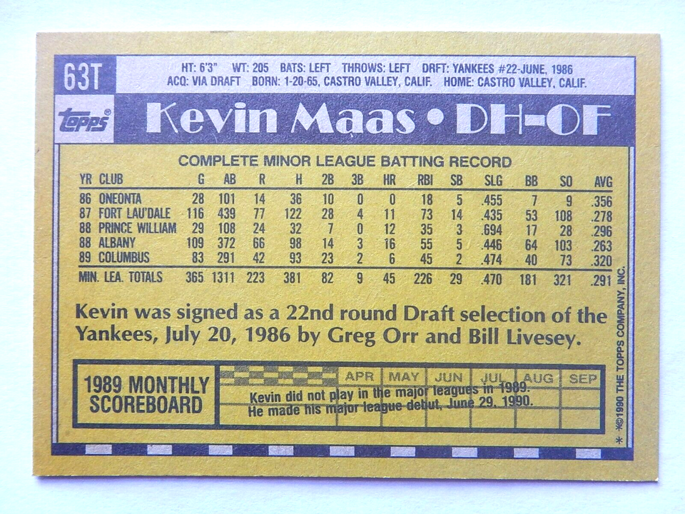 Kevin Maas #63T Topps 1990 Baseball Card (New York Yankees) VG | eBay