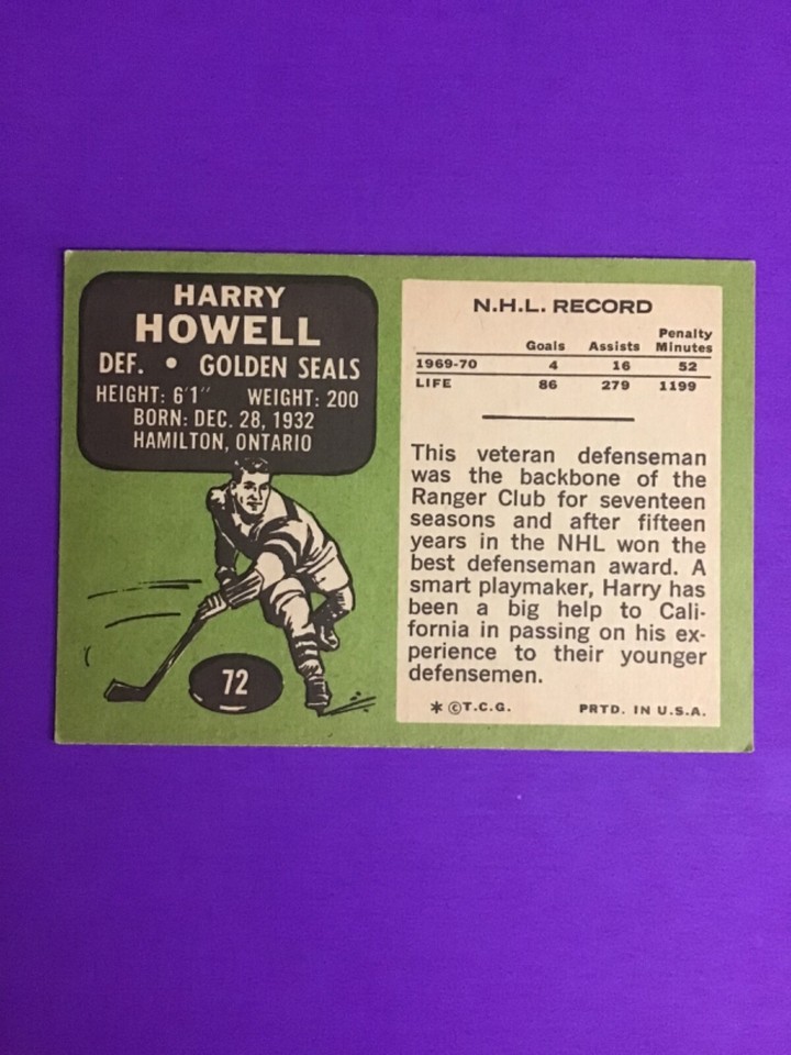 1970-71 Topps Hockey card # 72 Harry Howell | eBay
