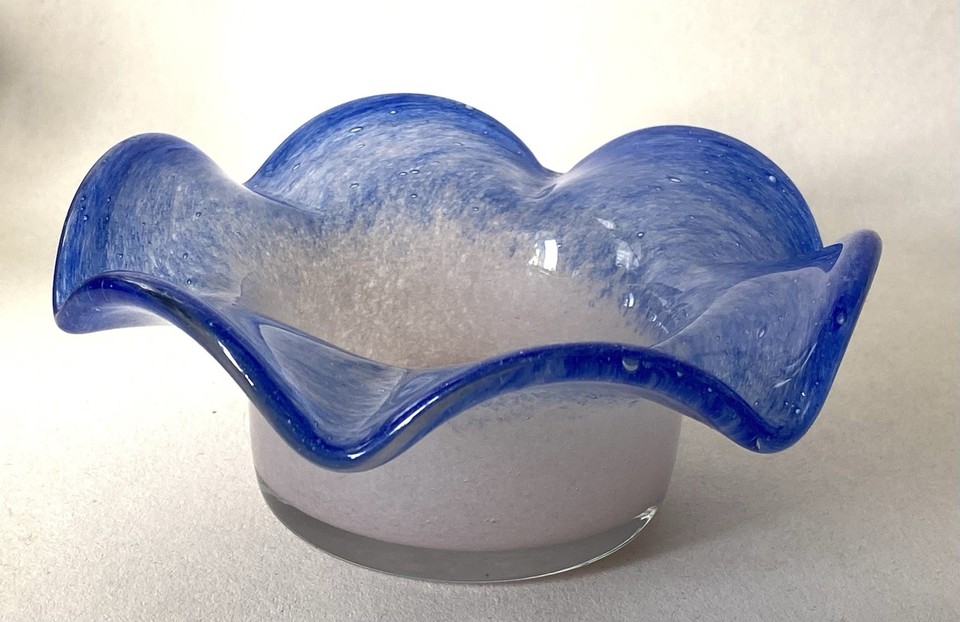 Vasart Monart Strathearn Art Glass Blue Mottled Bowl 6 Way Crimped Rim ...