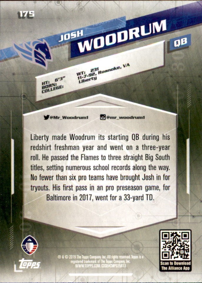 2019 Topps AAF #175 Josh Woodrum RC - NM-MT | eBay