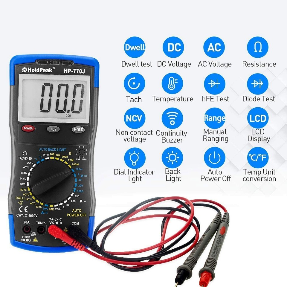 Automotive Digital Multimeter Tachometer Car AC DC Volt RPM DWELL NCV ...