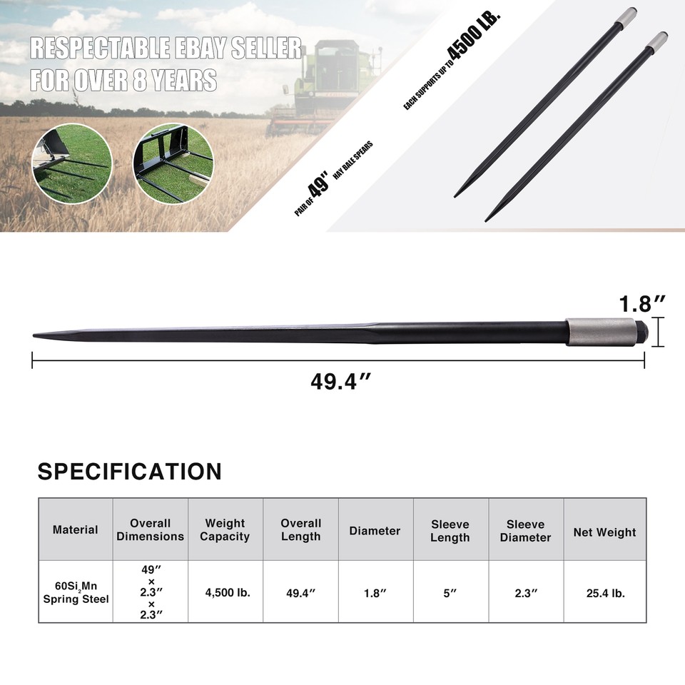 43"49" Square Hay Spike 4500lb Bale Spear Wide Tine Spike Skid Conus ...