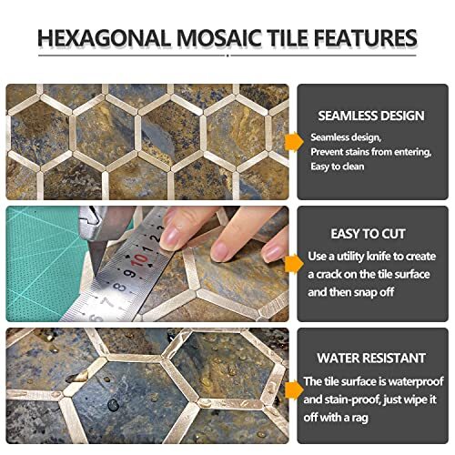 Hexagon Peel and Stick Backsplash Tile, Stick on 10 Rust Slate with ...