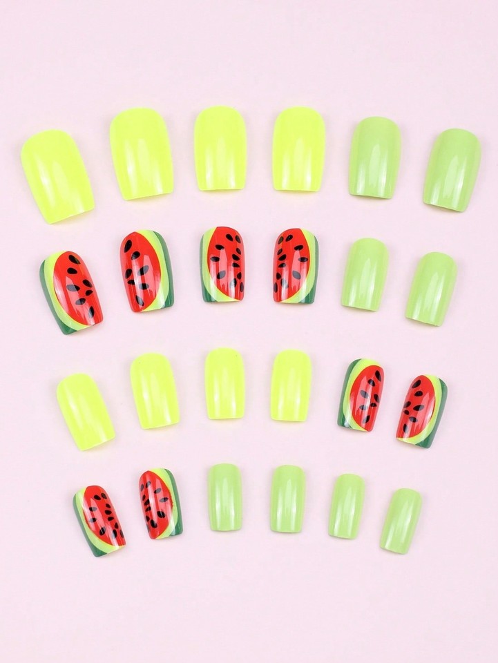 24pcs Square Watermelon Fruit Fake Nail Set False Nails Press On Nails ...