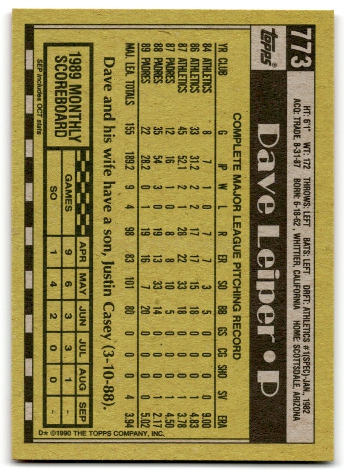 1990 Topps Dave Leiper San Diego Padres #773 | eBay