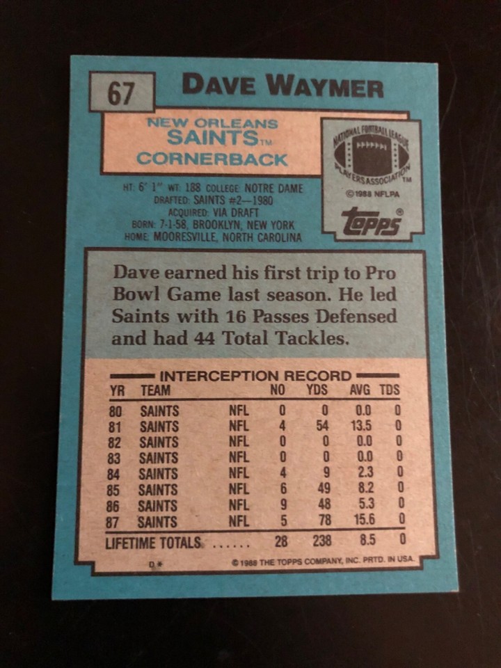 1988 Topps #67 Saints Dave Waymer Football Card | eBay