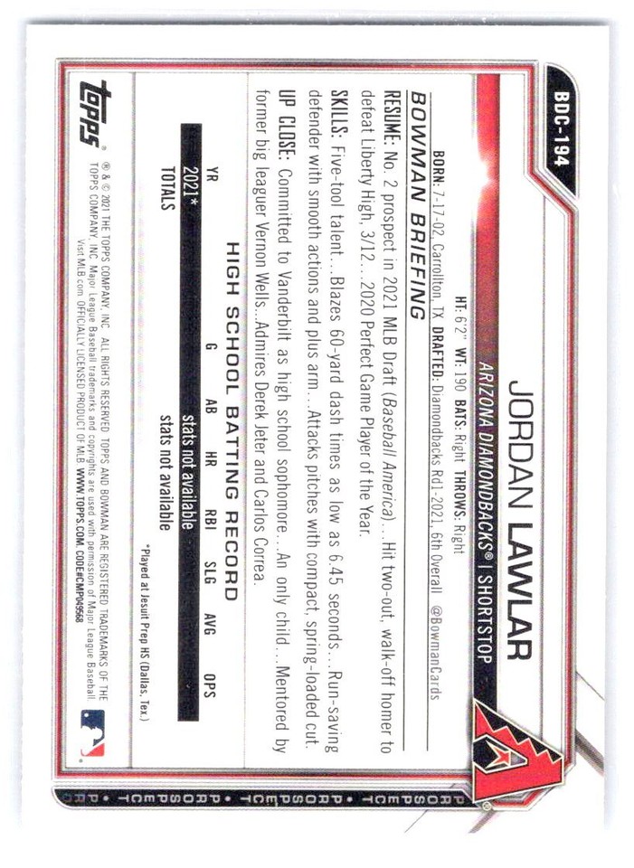 2021 Bowman Draft #BDC-194a Jordan Lawlar Chrome | eBay