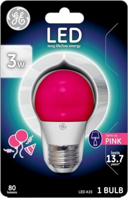GE Pink LED Long Life/Low Energy 3W 3 watt Light Bulb 40 Lumens LED A15 ...