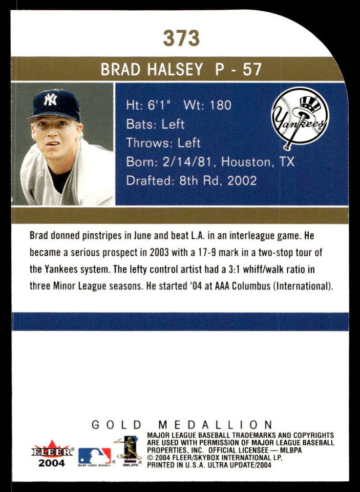 Brad Halsey 2004 Ultra 373 Gold Medallion New York Yankees RC Baseball ...