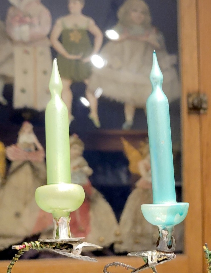 Two Clip-on Glass Candles. Green & Blue Hues. 1930s German Glass ...