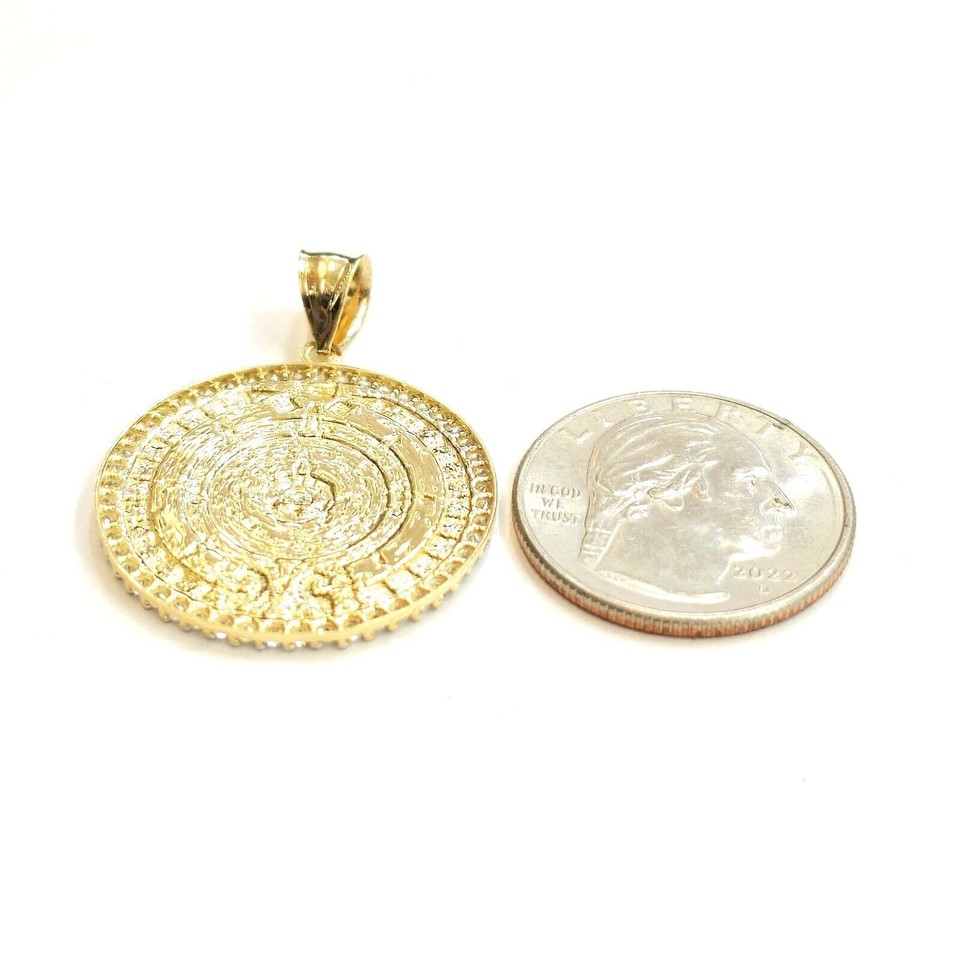 14k yellow Gold Aztec Mayan sun calendar Azteca pendant Cubic Zirconia ...