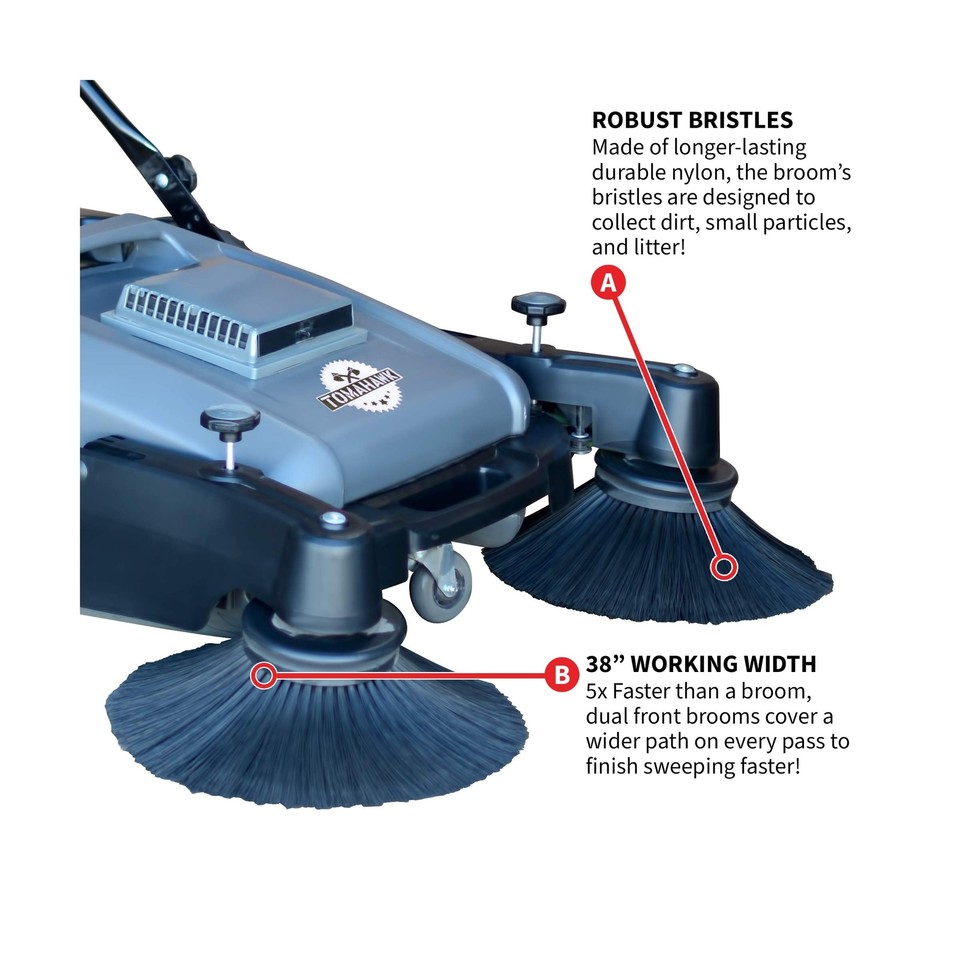 Tomahawk Industrial 38" Walk Behind Push Sweeper with Triple Power Side ...