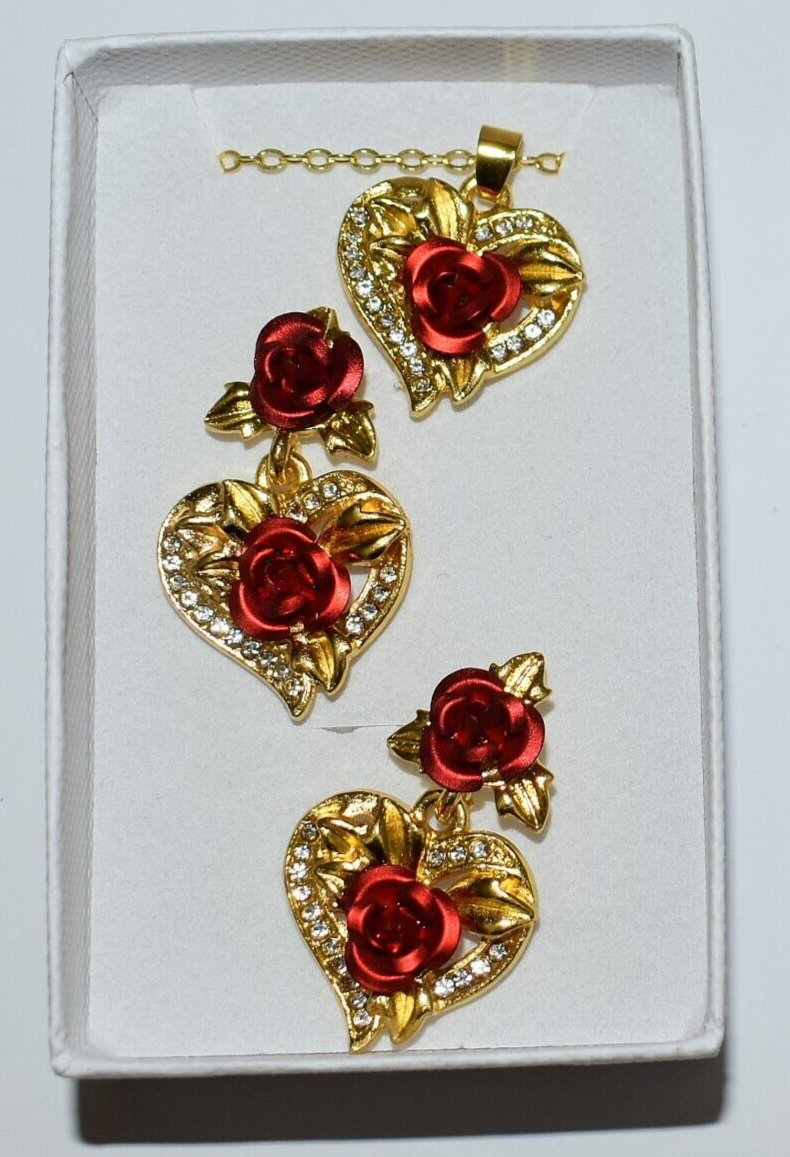 Heart and Roses NECKLACE and EARRINGS matching SET Gift Boxed New | eBay