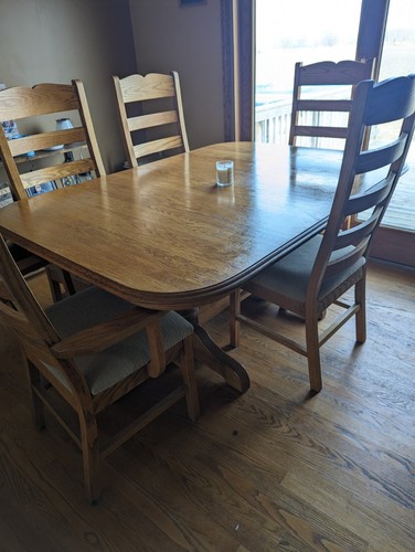 Solid wood dining room set. 5'5" closed. Opens to 9'5" with leafs. | eBay