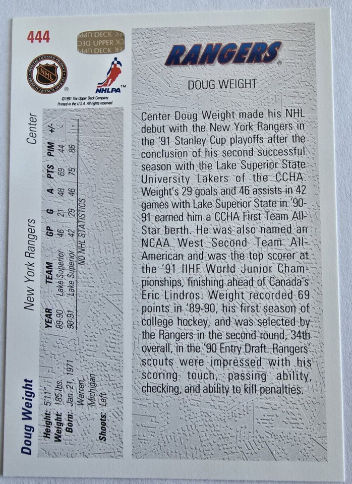 Doug Weight, 1991-92 Upper Deck Rookie, New York Rangers, Center, Card ...