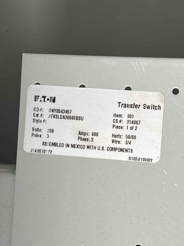 EATON 600 Amp 208V 3P 4W ATC-300 Automatic Transfer Switch ...