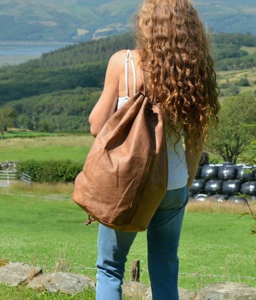 Organic Leather Drawstring Bucket Duffel Bag Backpack Rucksack Moroccan ...