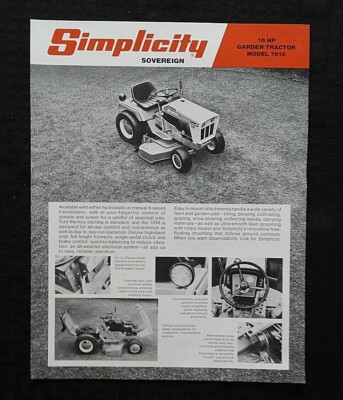 1970s SIMPLICITY "SOVEREIGN 7016 16 hp LAWN TRACTOR" BROCHURE ...