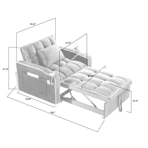 Adjustable Sofa Bed 3-in-1 Convertible Chair Sleeper Bed with Type C ...