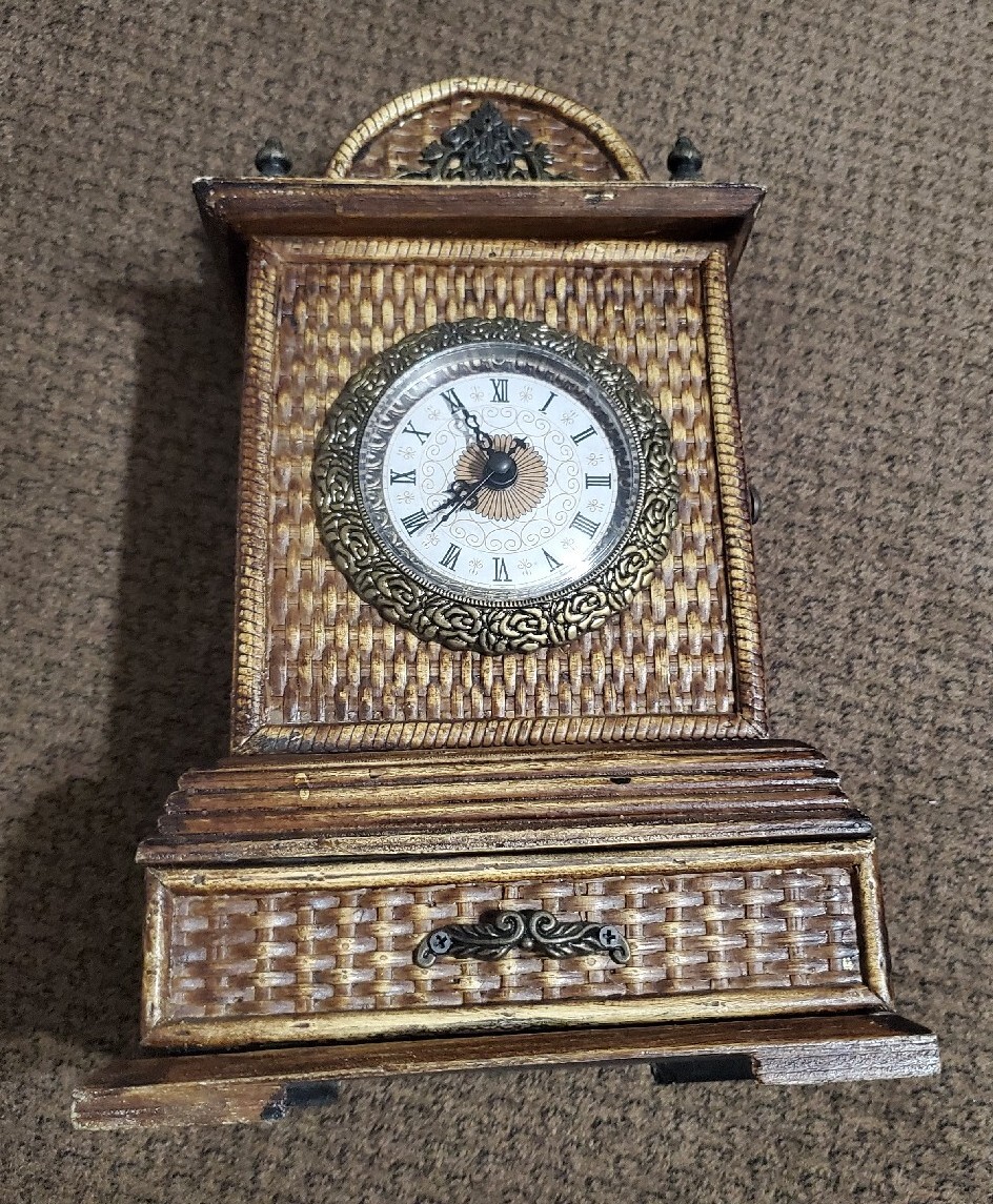 Vtg Tianguan Mantle Clock w/ Storage Drawer, And False Face Store ...