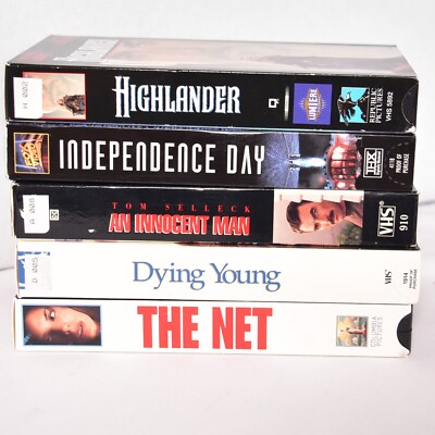 5 VHS Movies Highlander, Independence Day, An Innocent Man, Dying Young ...