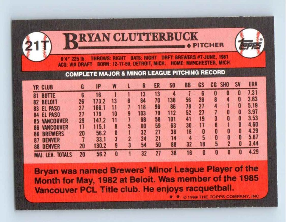 1989 Topps Traded Bryan Clutterbuck Milwaukee Brewers #21T | eBay