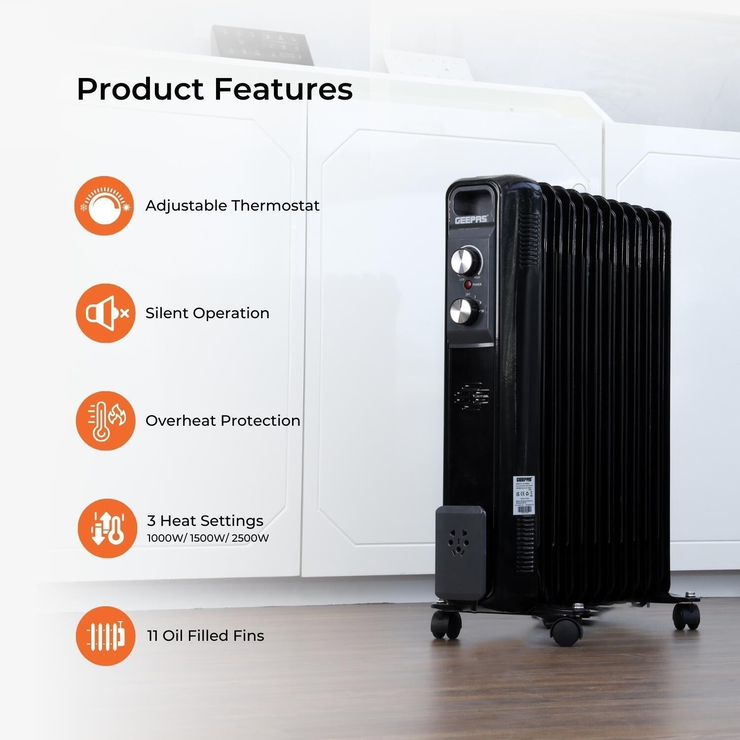 11 Fin Oil Filled Radiator 2500W Electric Portable Heater 3Heat ...