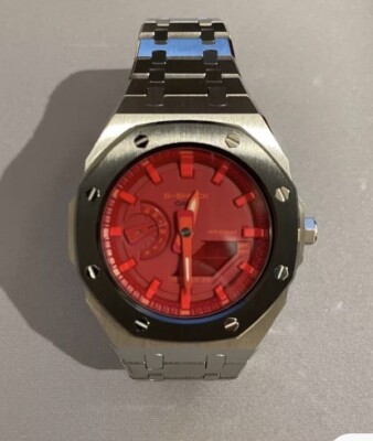 Silver Custom Casio G-Shock GA2100 Watch Casioak Mod Red Dial | eBay