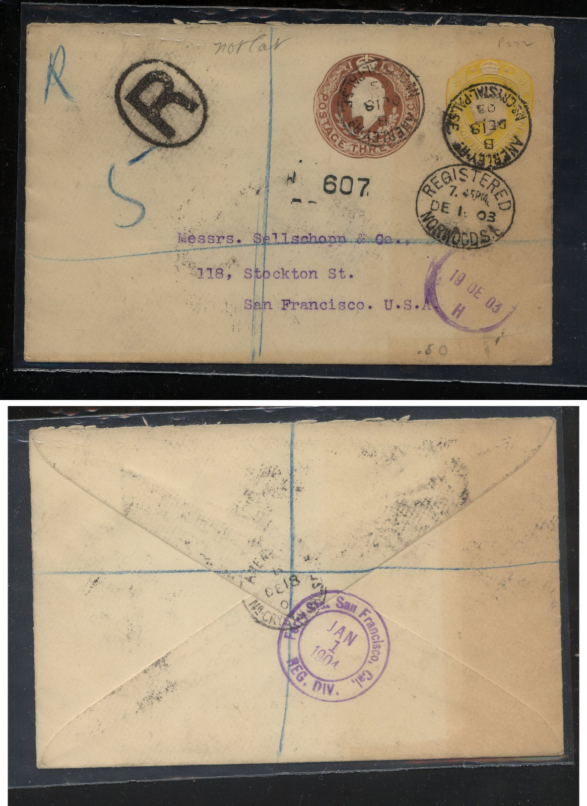 Great Britain double embossed postal registered envelope 1903 to US ...