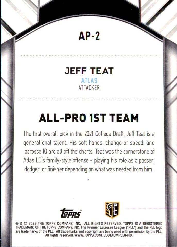 Jeff Teat Signed 2022 Topps PLL Lacrosse All-Pro 1st Team card New York ...