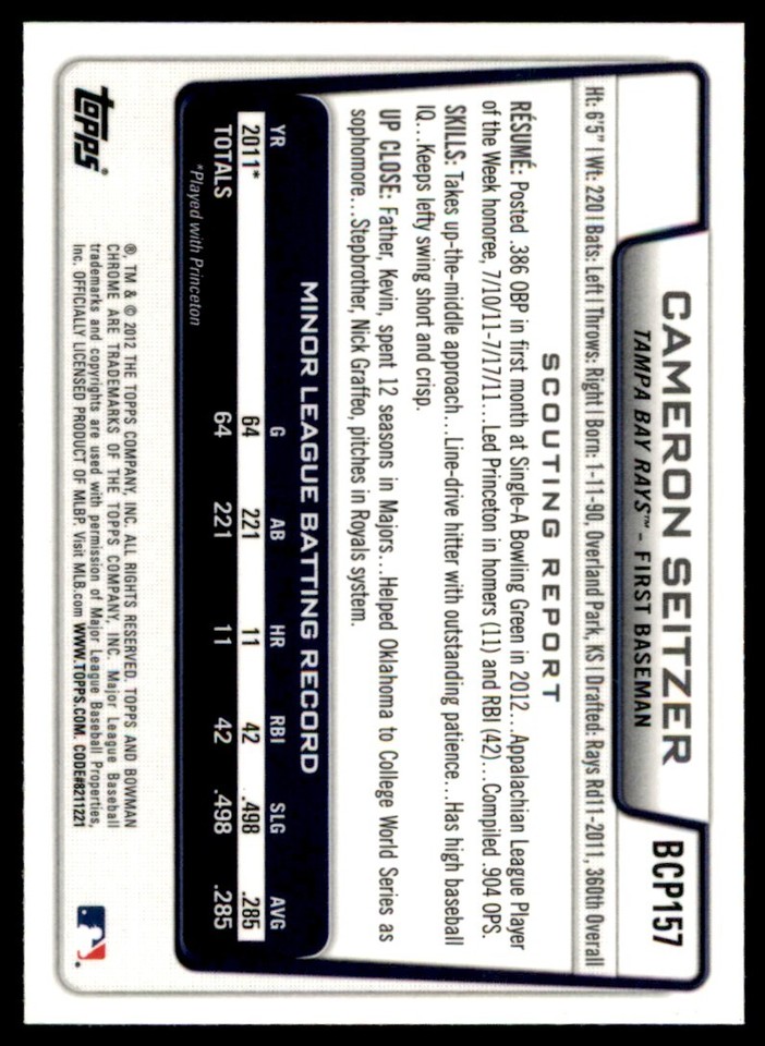 2012 Bowman Chrome Prospects Cameron Seitzer Tampa Bay Rays #BCP157 | eBay