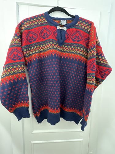 Rauma Nordic Sweater Medium 100% Wool Pewter Clasp Navy Red Fair Isle ...