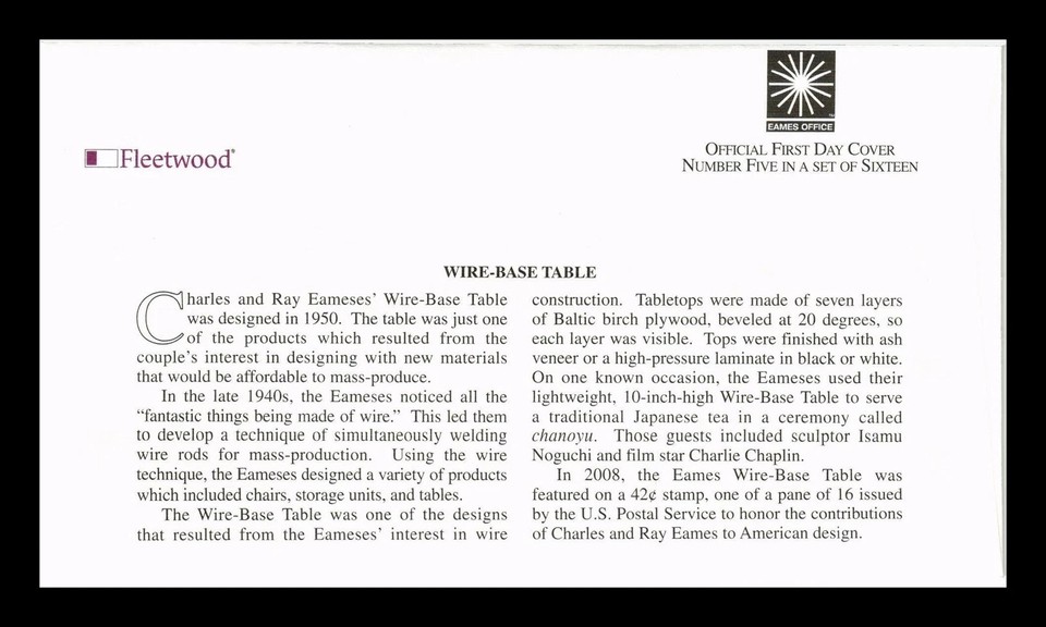 CHARLES & RAY EAMES WIRE-BASE TABLE 2008 FLEETWOOD CACHET FDC UNADDR | eBay