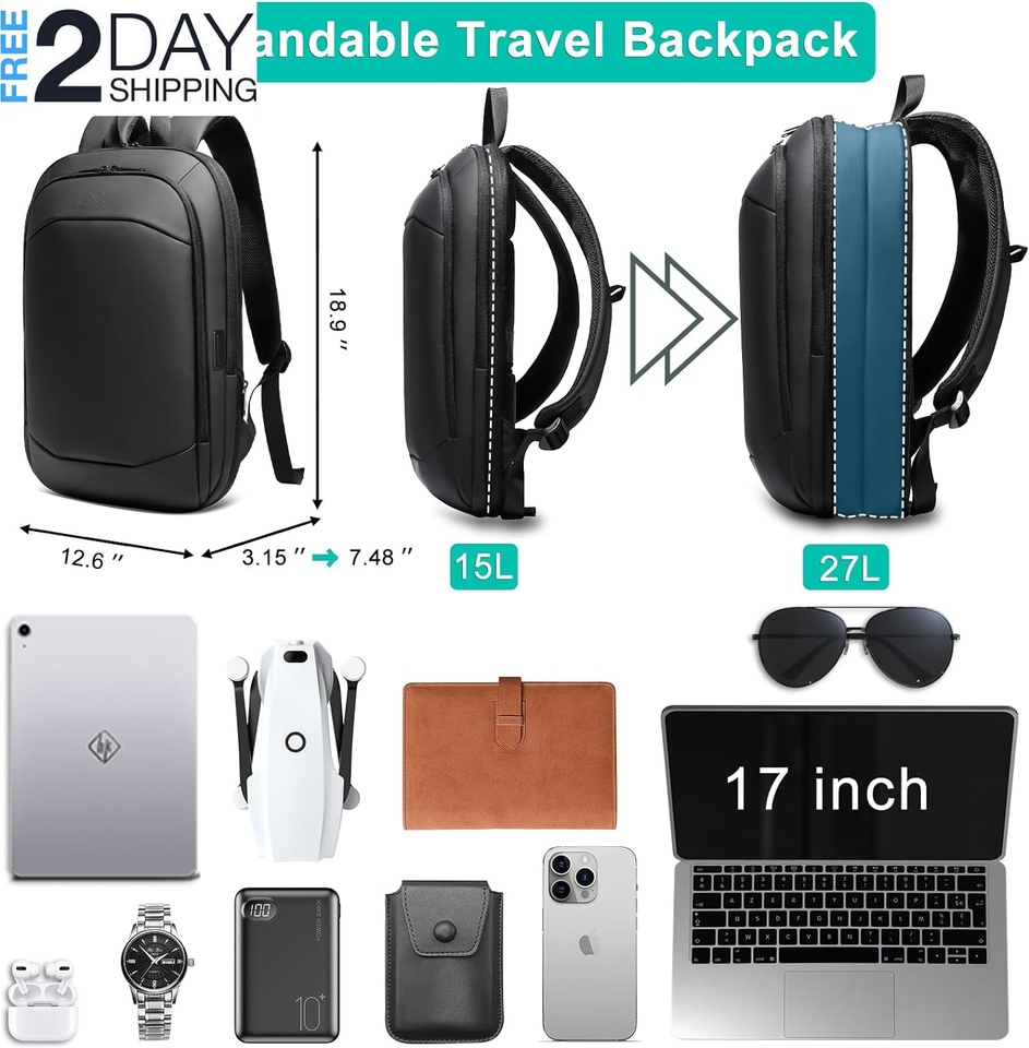 Business Backpack for Men 17 Inch,Slim & Expandable Waterproof Travel ...