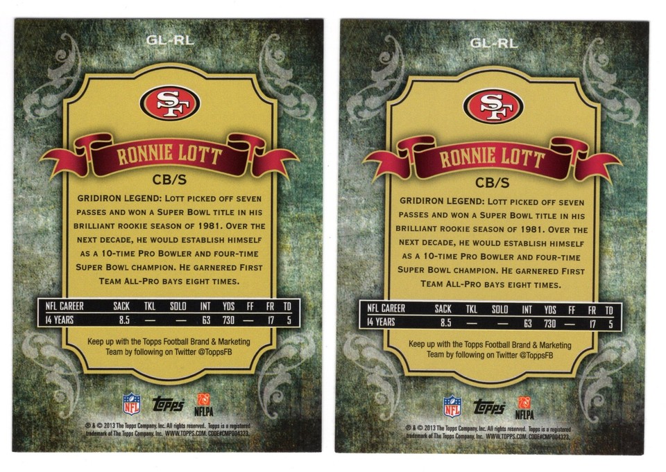(2) 2013 TOPPS GRIDIRON LEGENDS RONNIE LOTT INSERT CARD #GL-RL LOT **NM ...